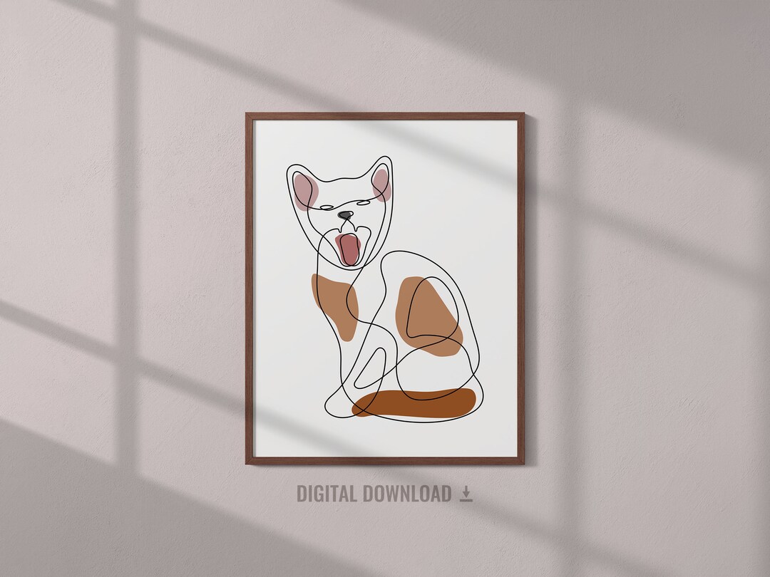 Cat Meowing Colorful Line Art Print, Minimalist Kitty Wall Art ...