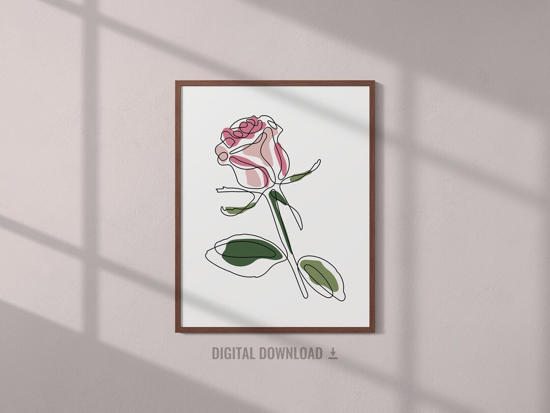 Pink Rose Line Art Print, Minimalist Flower Wall Art, Printable ...