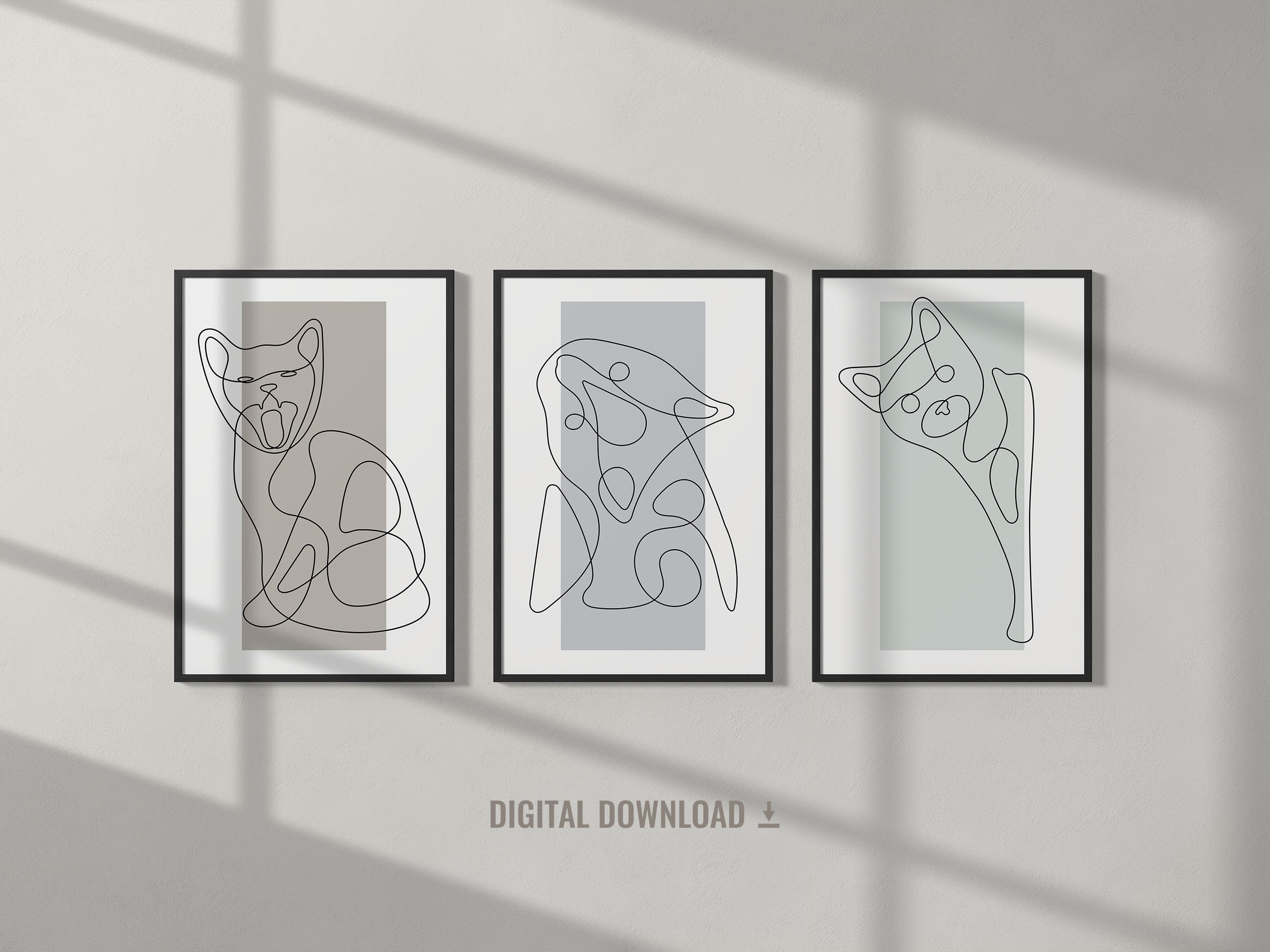 Cat Line Art Print Set, Minimalist Cat Wall Art, Printable Pet Line Art ...