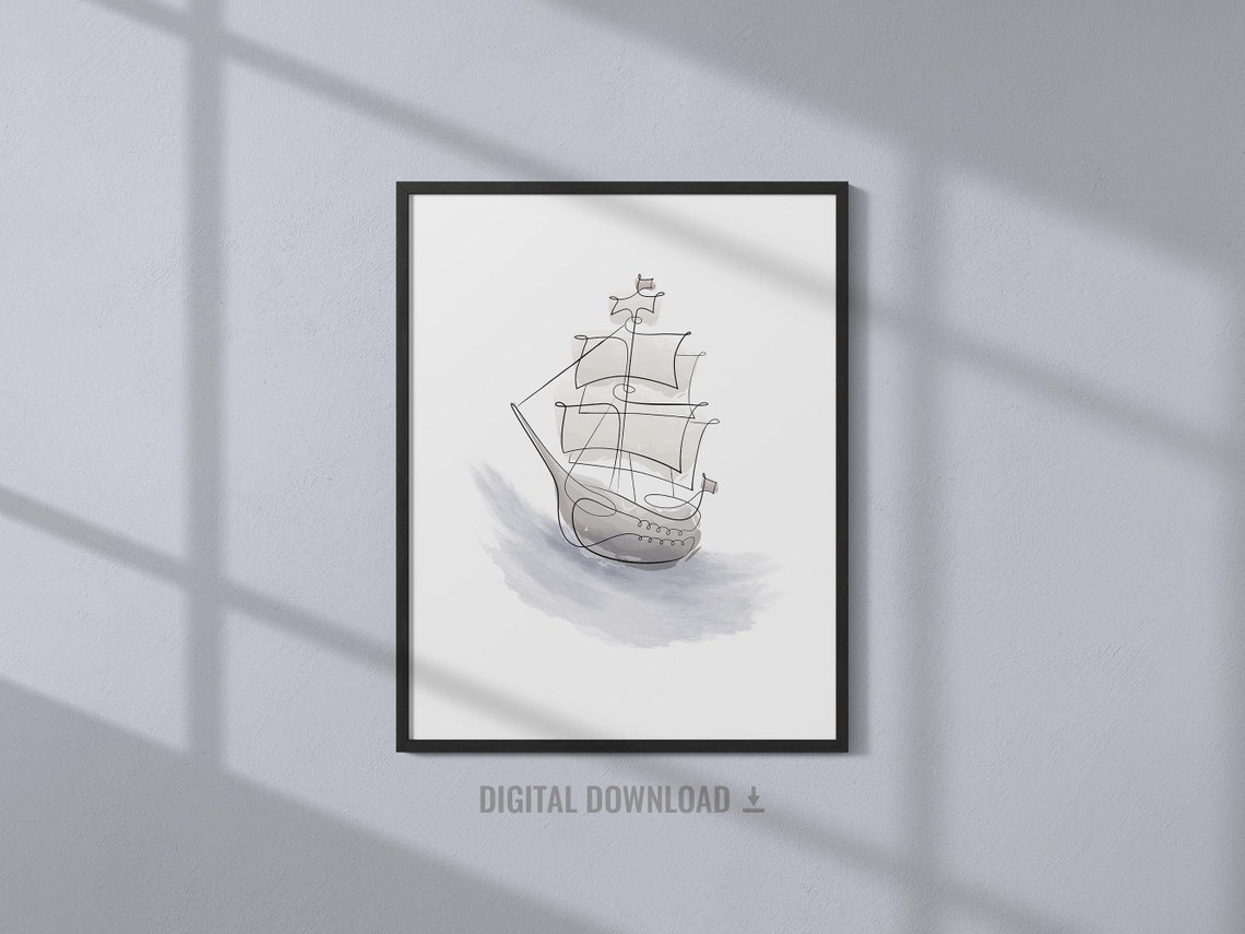 Ship Line Art Print, Minimalist Boat Wall Art, Printable Ocean Line Art ...