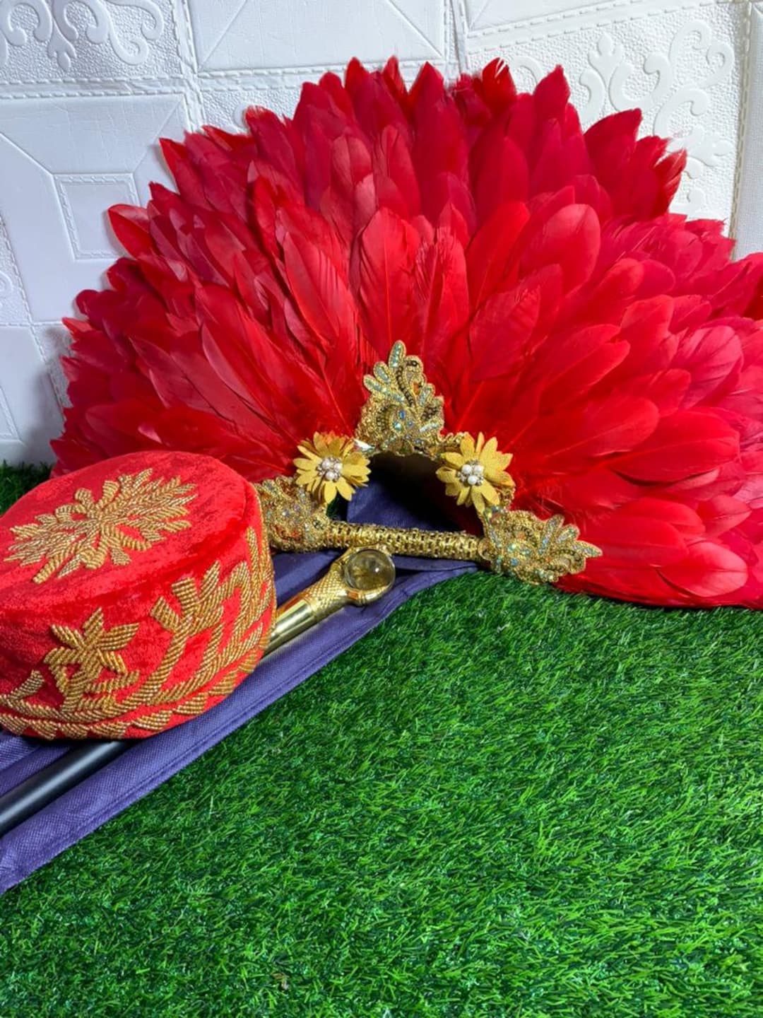 Red Bridal Hand Fan Traditional Handheld Nigeria Wedding Feather Hand ...
