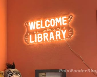 Welcome to the Library Neon Sign, Classroom Door Hanger, Classroom ...