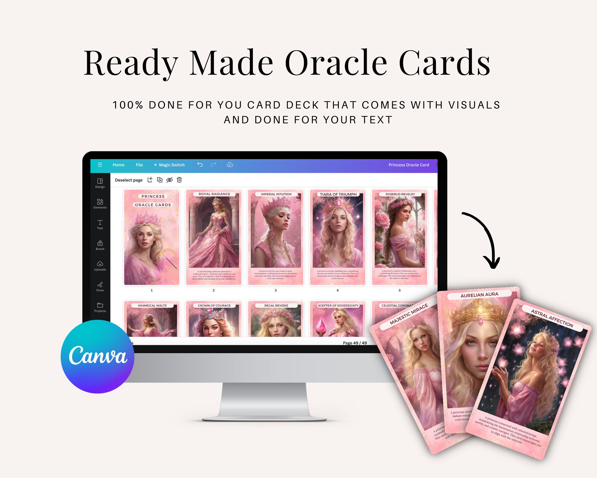 Princess Oracle Card Deck, Editable Canva Template, Printable Template, Oracle Cards, Intuitive ...