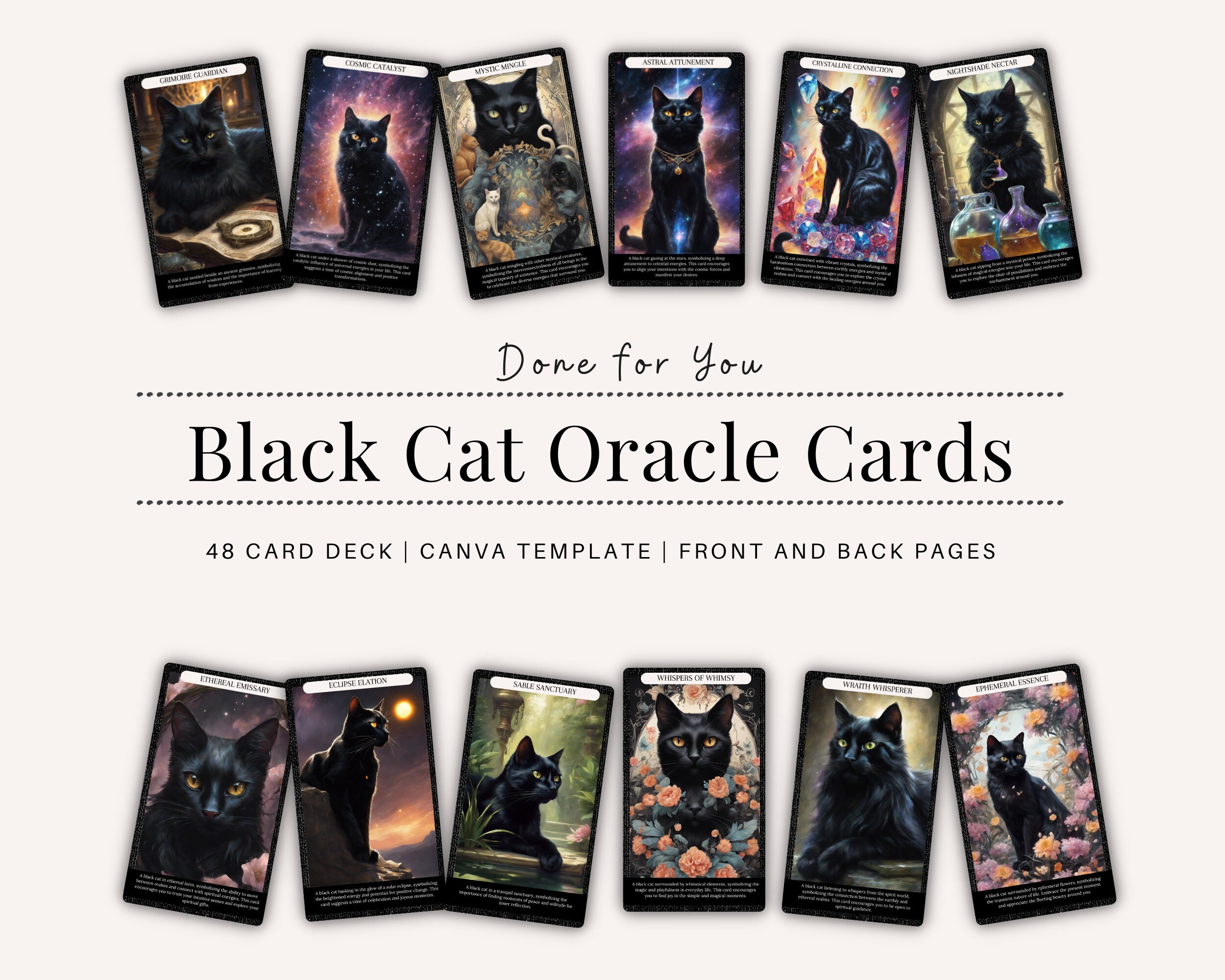 Digital Black Cat Oracle Card Deck, Editable Canva Template, Printable ...