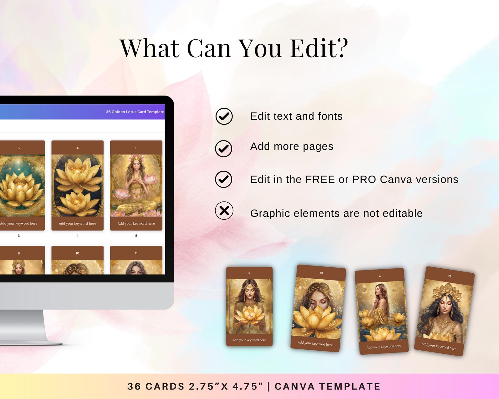 Golden Lotus Oracle Card Deck, Editable Canva Template, Printable ...