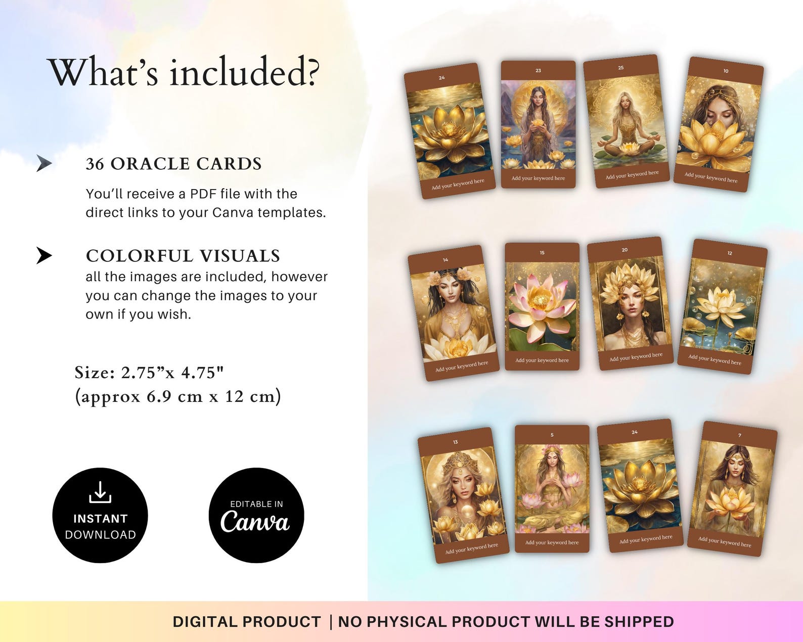 Golden Lotus Oracle Card Deck, Editable Canva Template, Printable ...