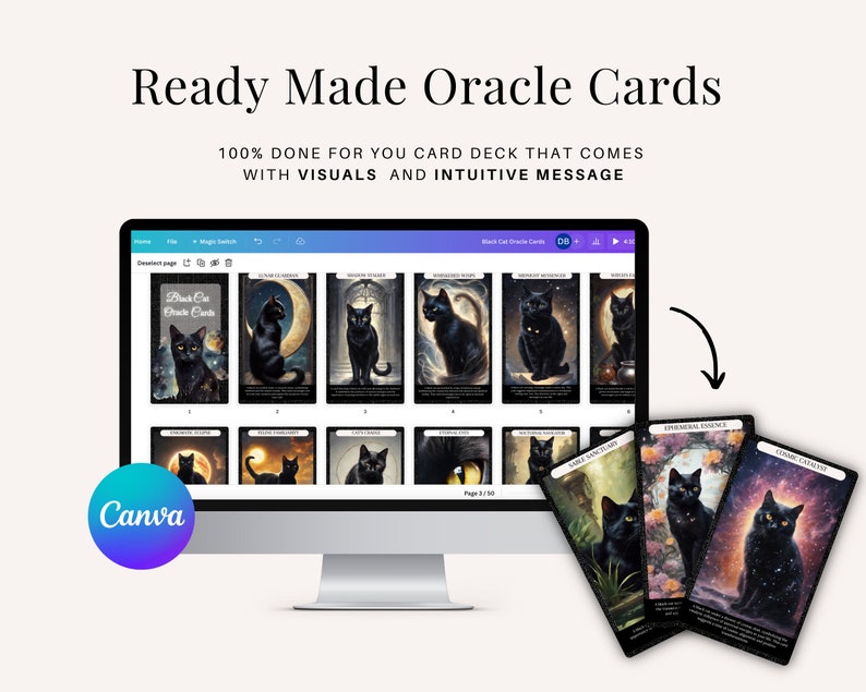 Digital Black Cat Oracle Card Deck, Editable Canva Template, Printable Template, Oracle Cards ...