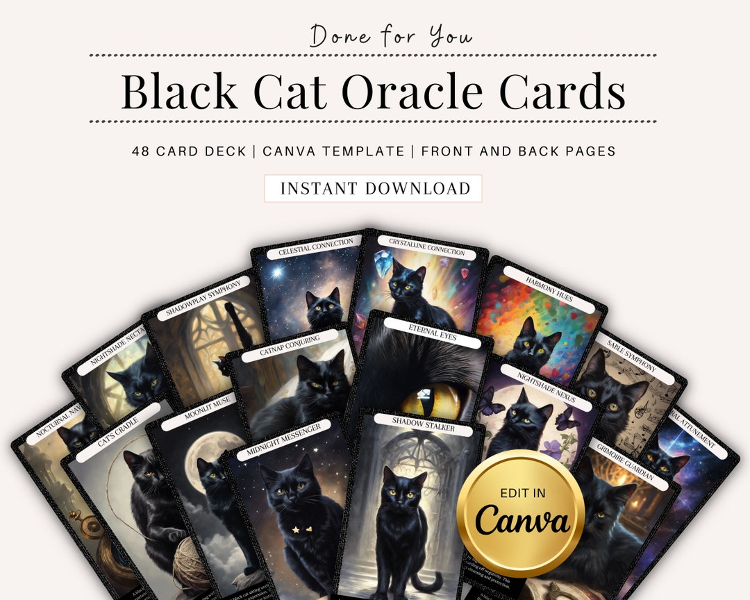 Black Cat Oracle Card Deck, Editable Canva Template, Printable Template ...
