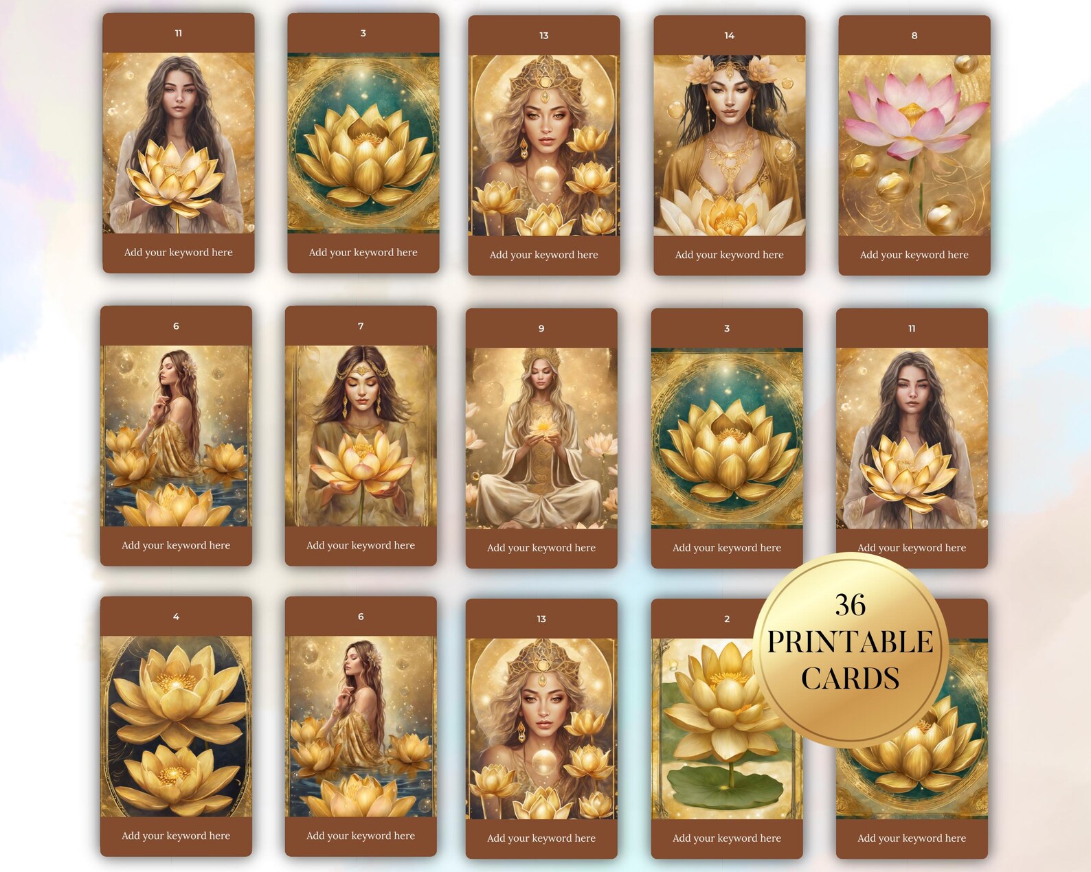 Golden Lotus Oracle Card Deck, Editable Canva Template, Printable ...