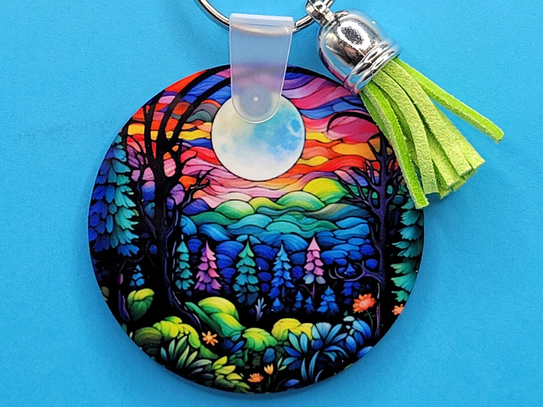 KEYCHAIN ROUND With TASSEL and Keyring Nature Design 2" Diameter ...
