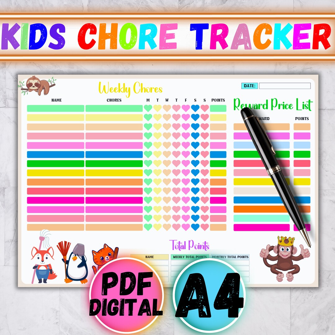 Kids Chore Chart With Rewards, Colorful Printable Cleaning Schedule ...