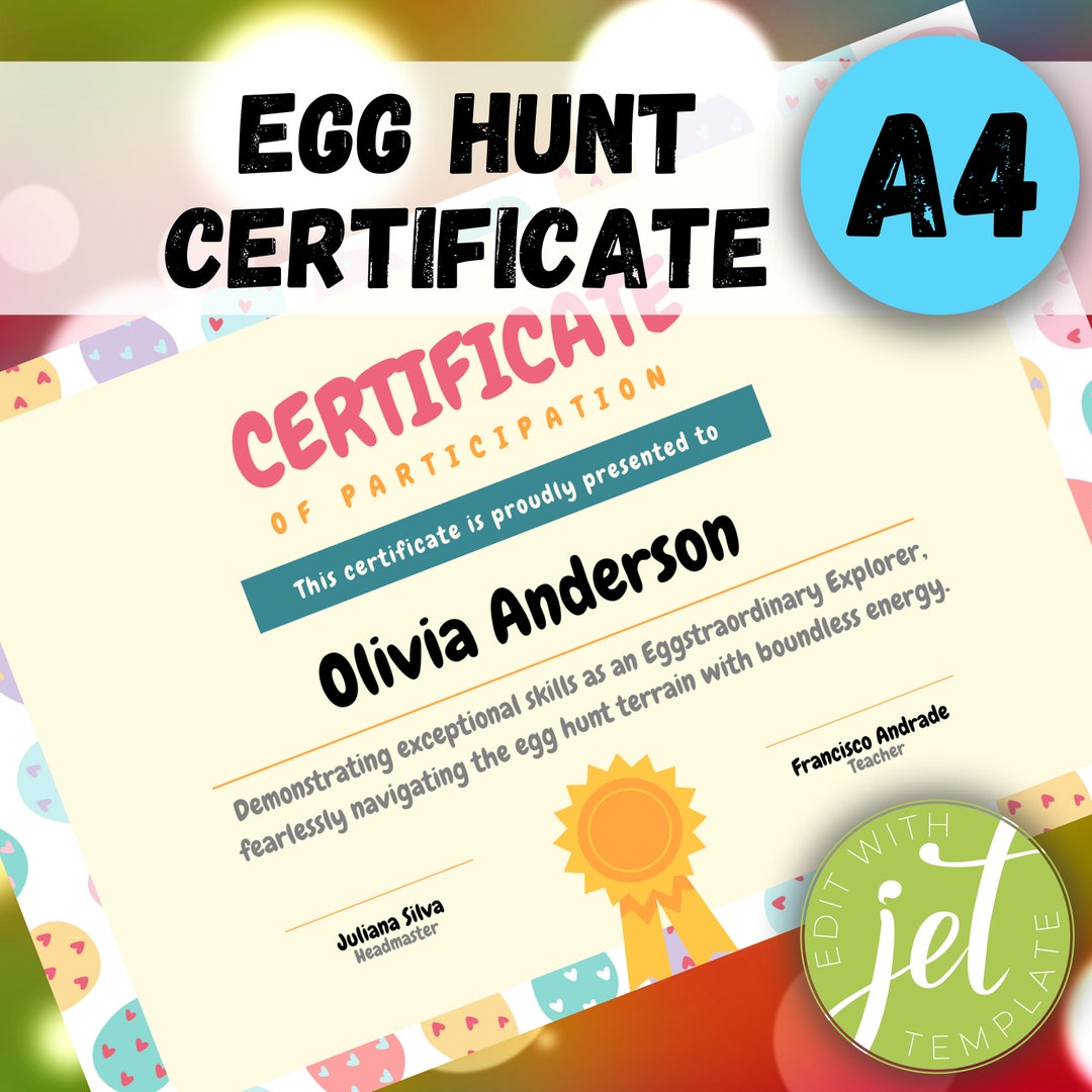 Editable Easter Egg Hunt Award Certificate Personalized Spring Egg