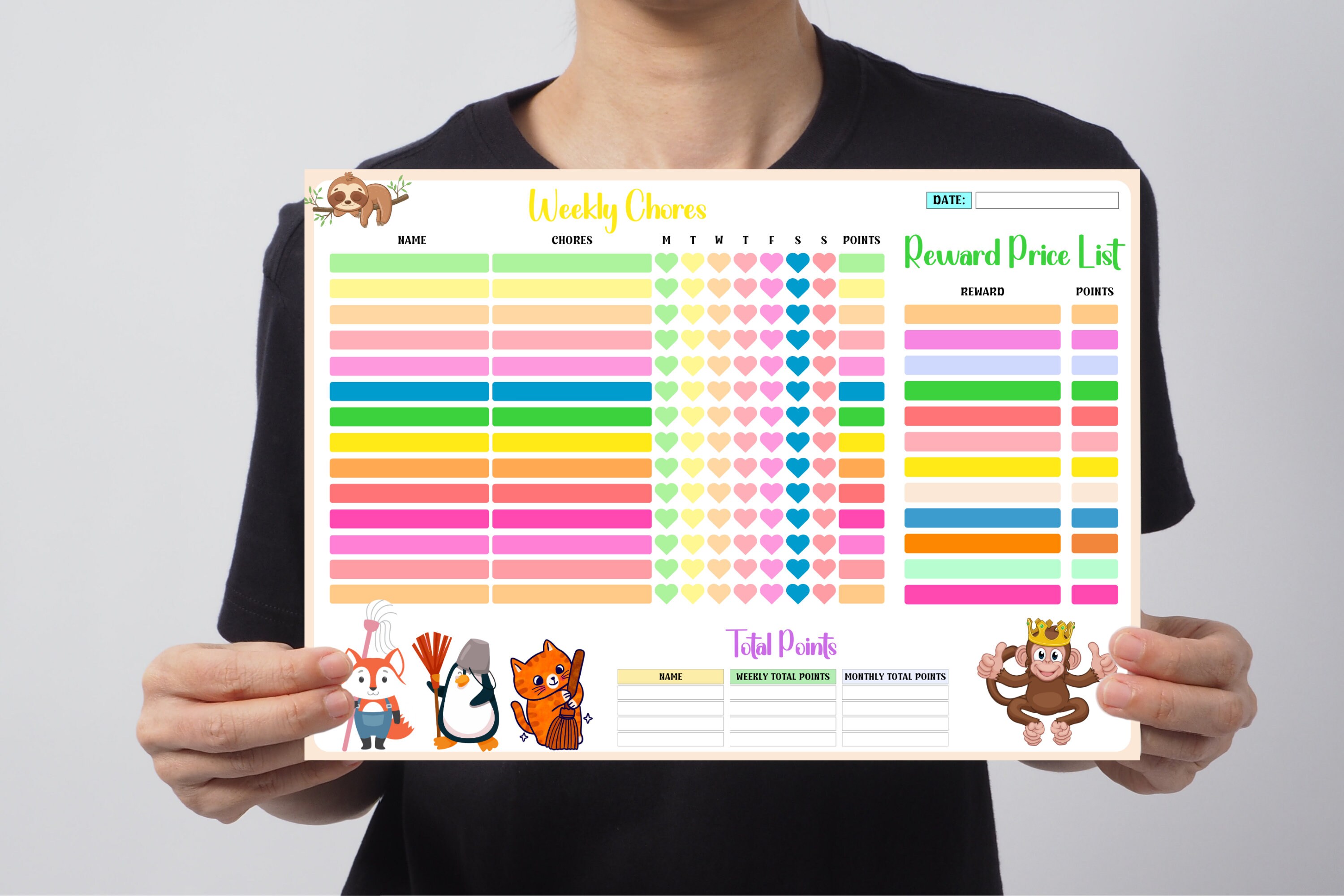 Kids Chore Chart With Rewards, Colorful Printable Cleaning Schedule ...