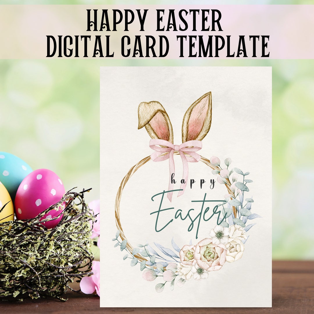 Happy Easter Printable Card Template, Watercolor Bunny & Floral Wreath ...