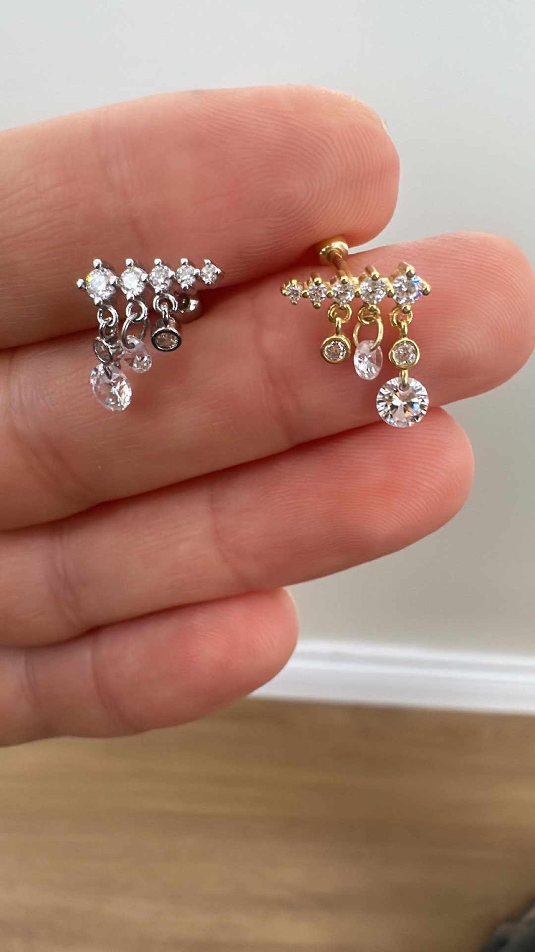 Diamond Drape Chandelier Threaded Stud Earring, 925 Solid Silver Gold ...
