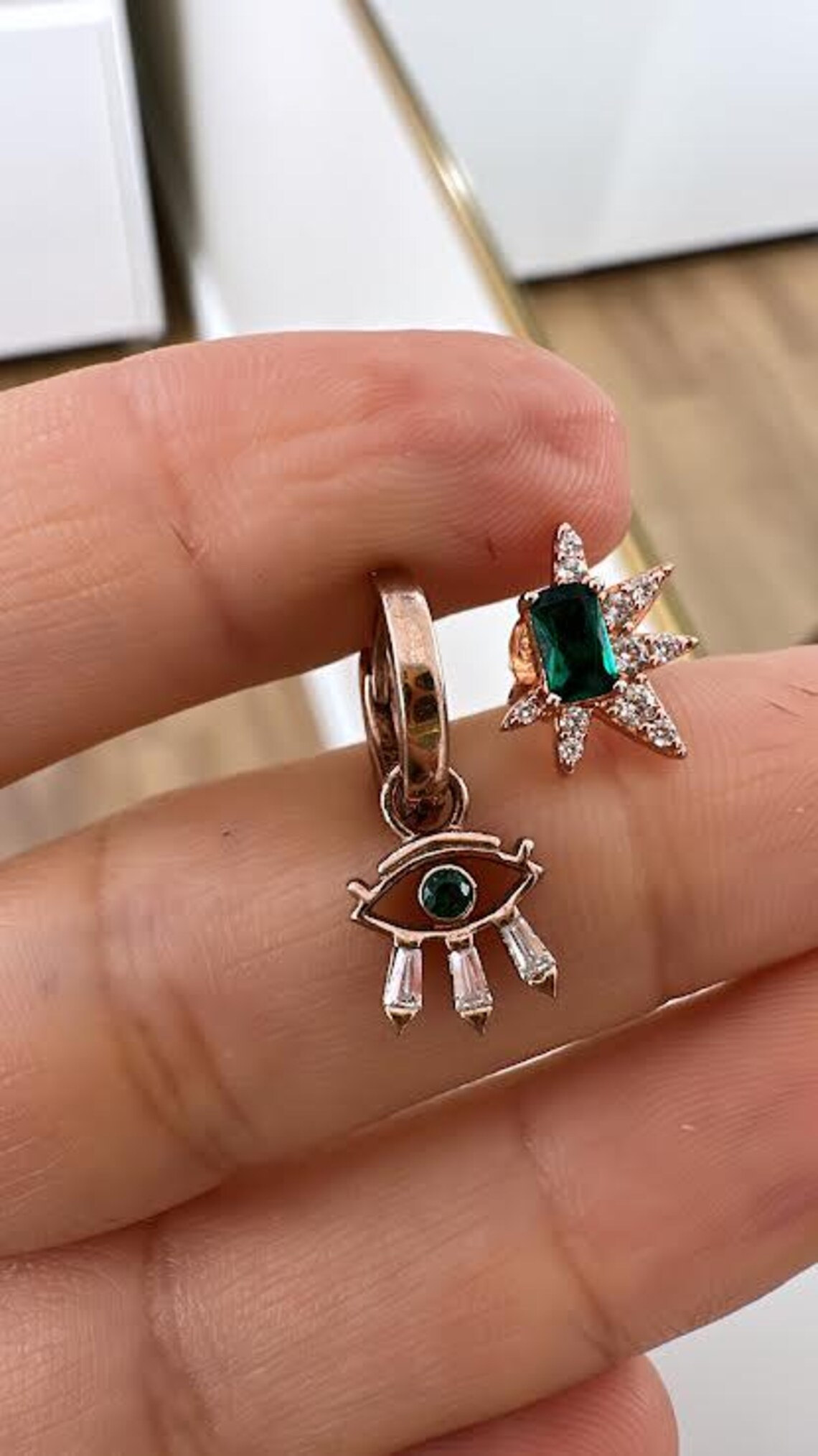 Dangling Emerald Evil Eye Huggie Hoop Earrings, Removable Baguette ...