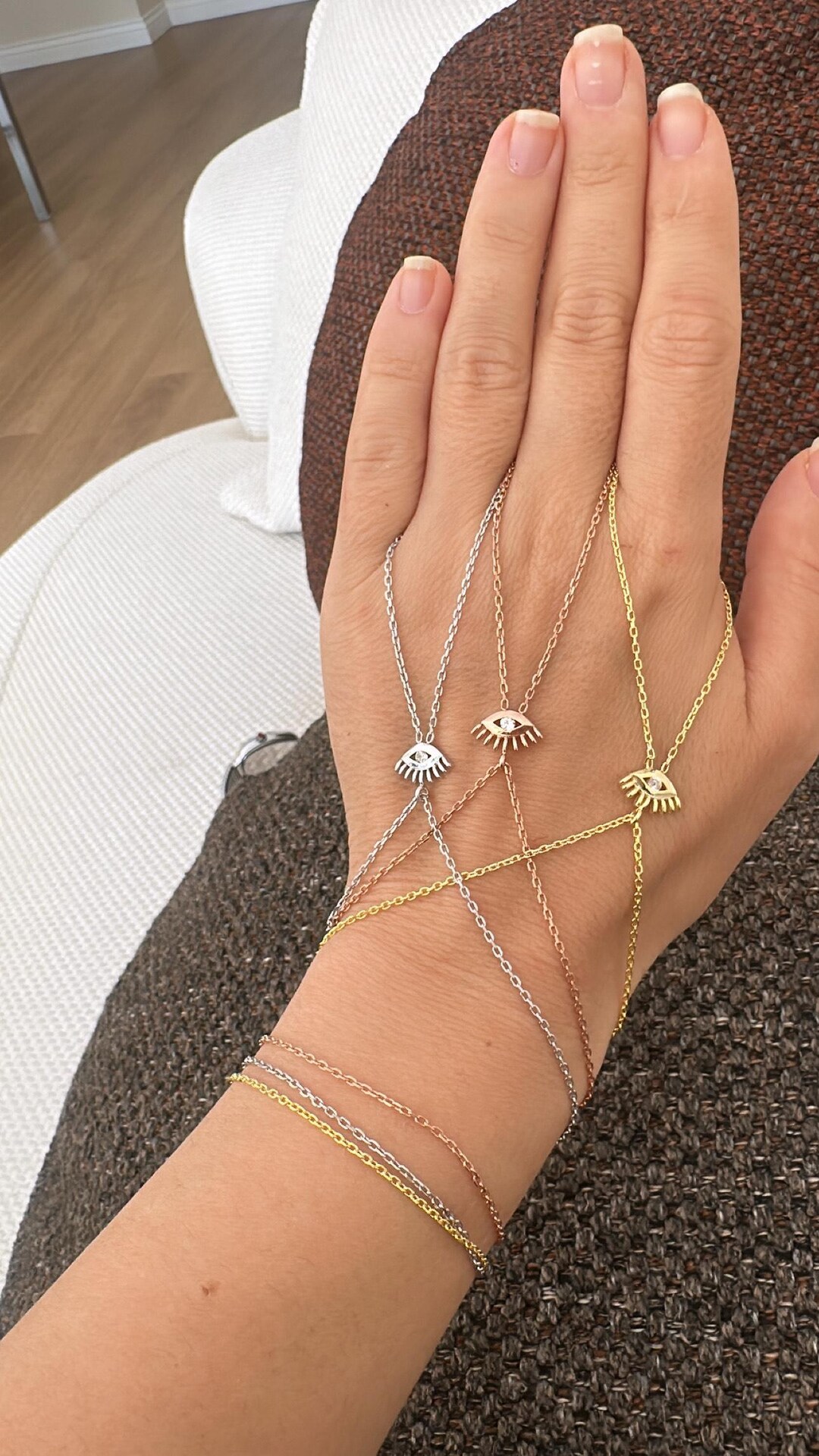 Evil Eye Hand Chain Bracelet, Evil Eye Slave Chain Bracelet, 925 Solid ...