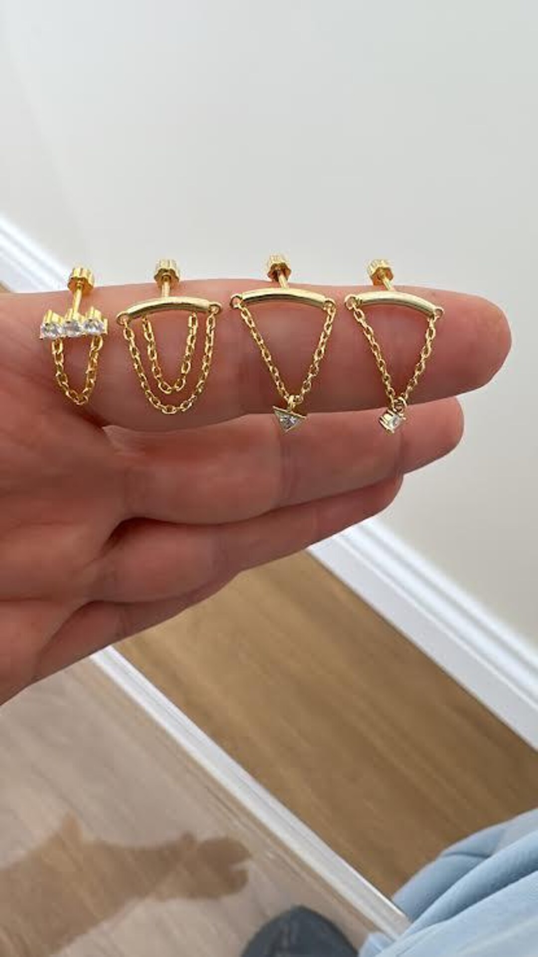 Prong Set Diamond Drape Threaded Stud Earring, Invisible Set Triangle ...