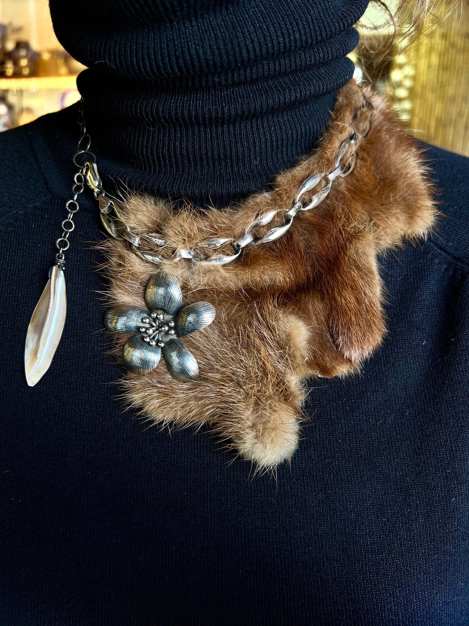 Genuine Fox Fur, Daisy Sterling Silver Bib Necklace. Special Production ...