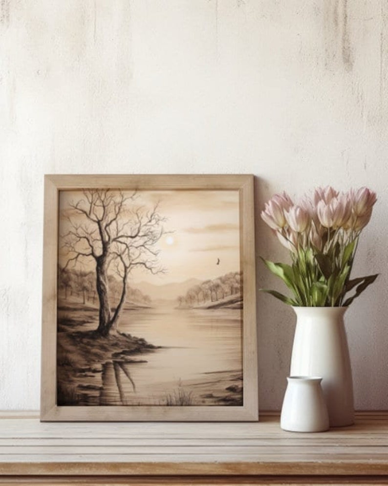 Vintage Pencil Art, Landscape Rustic Digital Art, Perfect Gift - Etsy