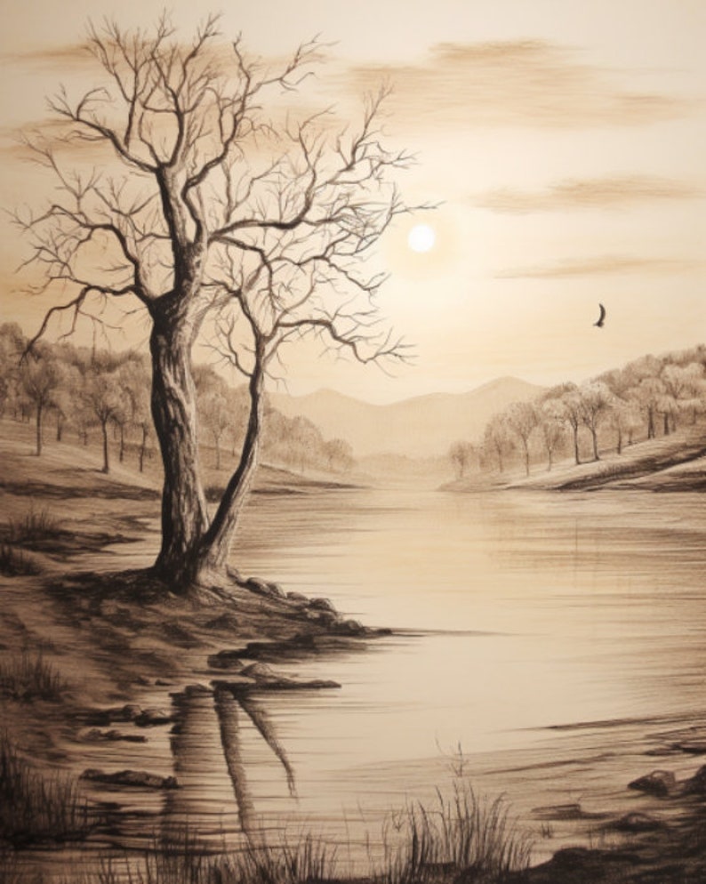 Vintage Pencil Art, Landscape Rustic Digital Art, Perfect Gift - Etsy