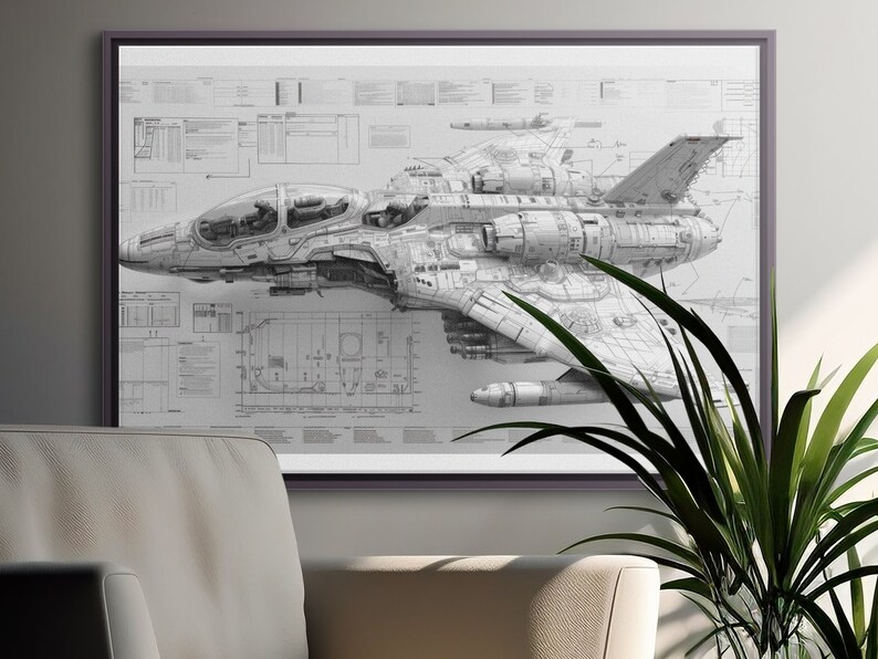 Detailed Sci-fi Spaceship Blueprint Art, Futuristic Starcraft Design ...