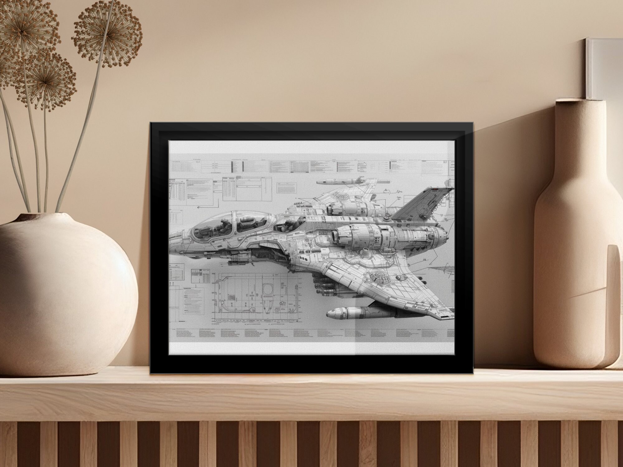 Detailed Sci-fi Spaceship Blueprint Art, Futuristic Starcraft Design ...
