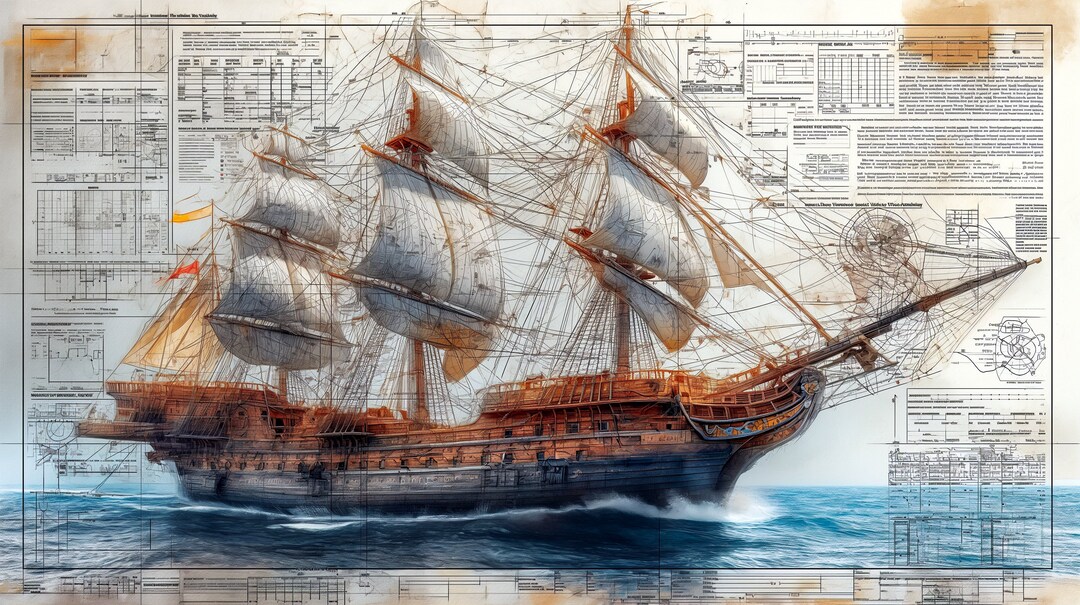 Nautical Ship Illustration and Blueprints, Maritime Decor Poster Print ...