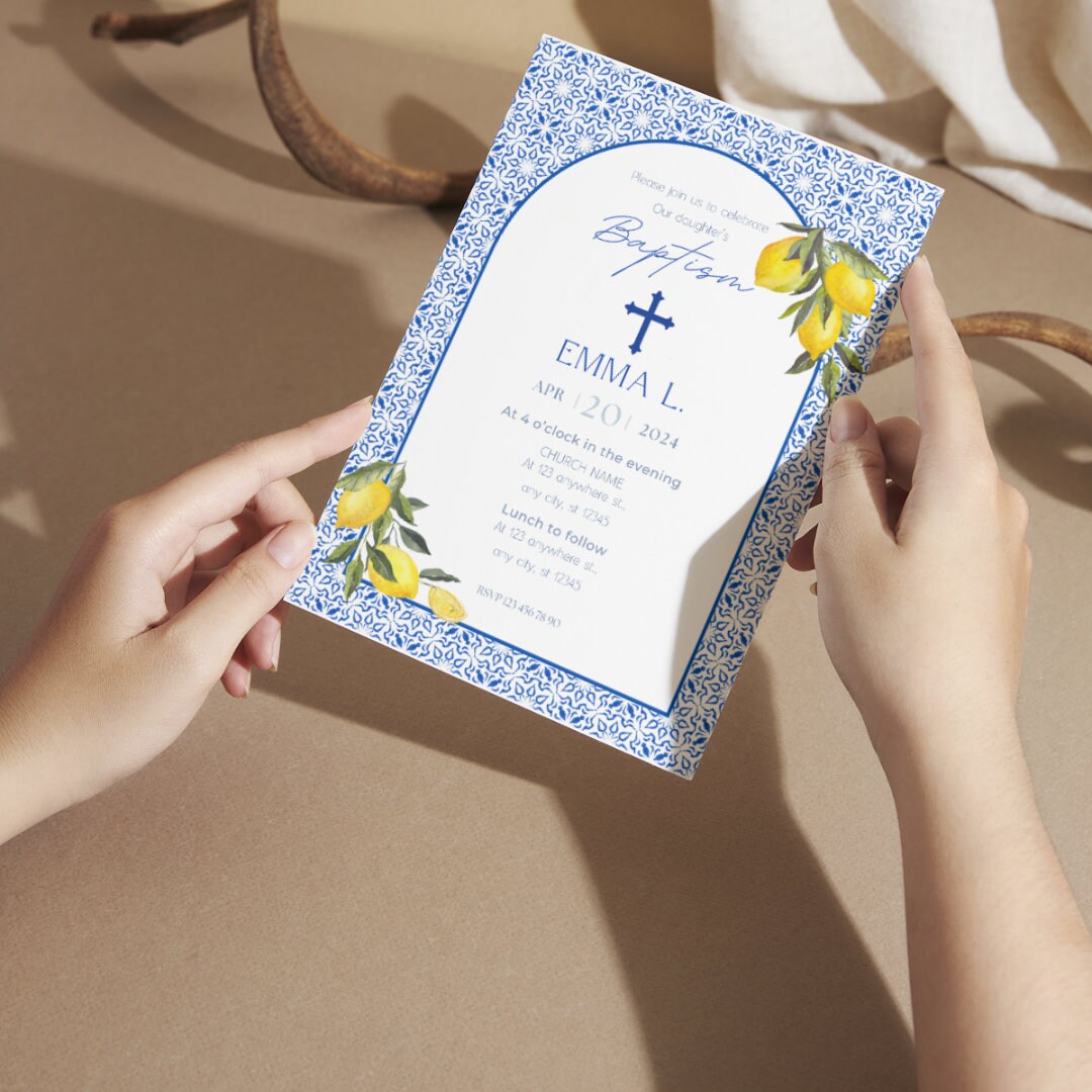 Baptism Invitation Template Mediterranean Themed Blue Tile Invitation ...