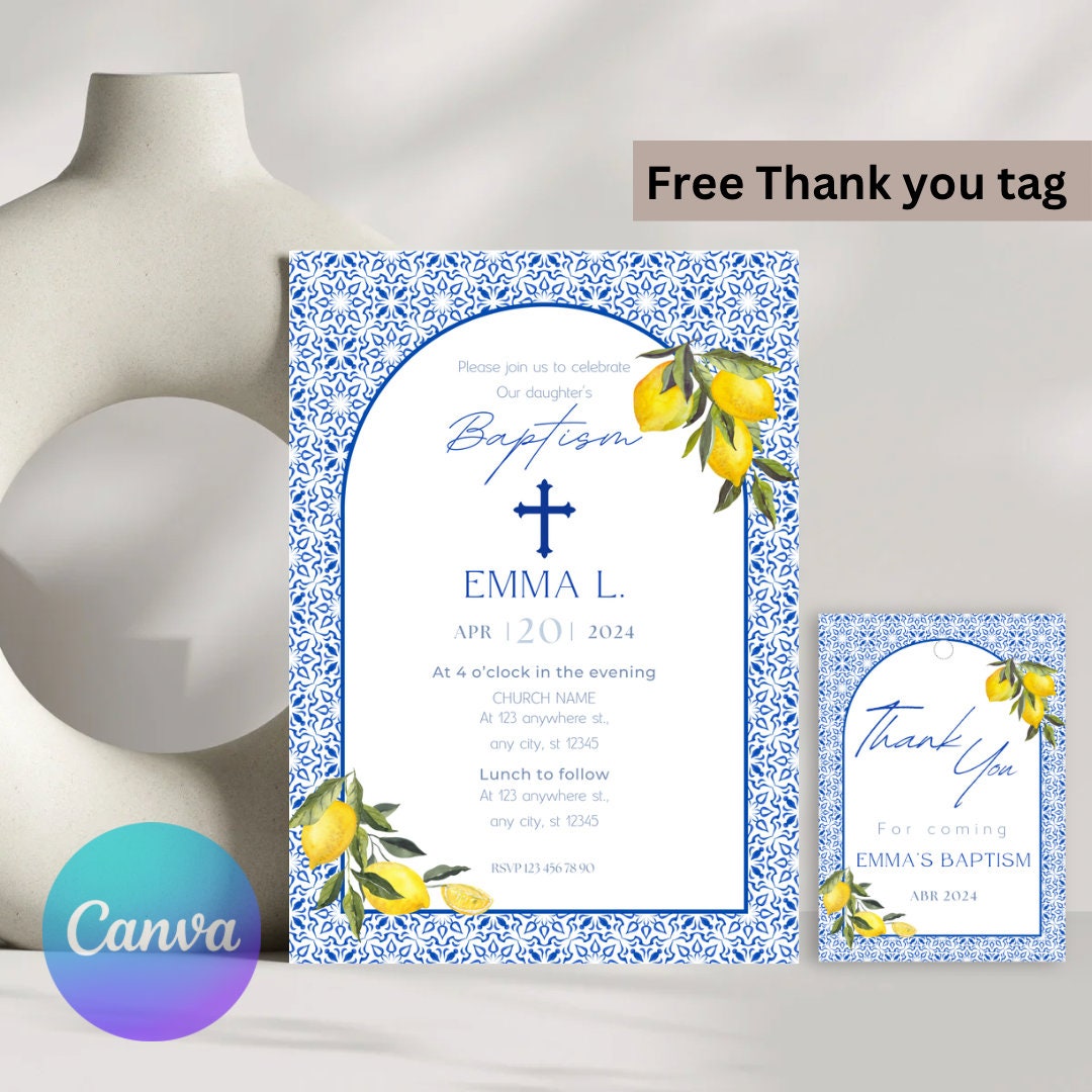 Baptism Invitation Template Mediterranean Themed Blue Tile Invitation ...