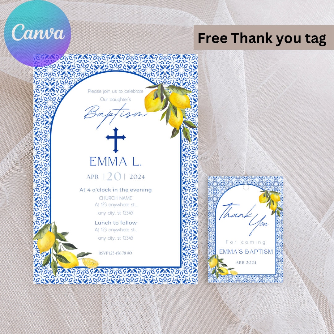 Baptism Invitation Template Mediterranean Themed Blue Tile Invitation ...