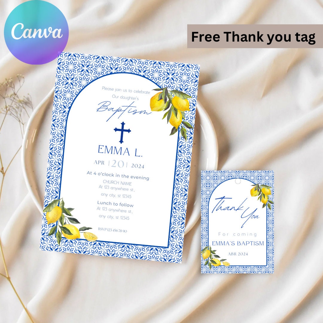 Baptism Invitation Template Mediterranean Themed Blue Tile Invitation ...