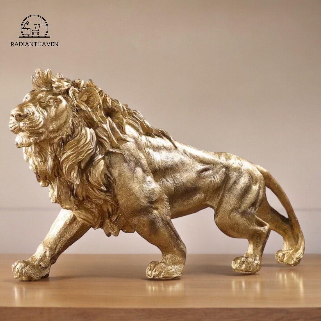 Golden Lion King Resin Statue - Modern Minimalist Sculpture for Office ...