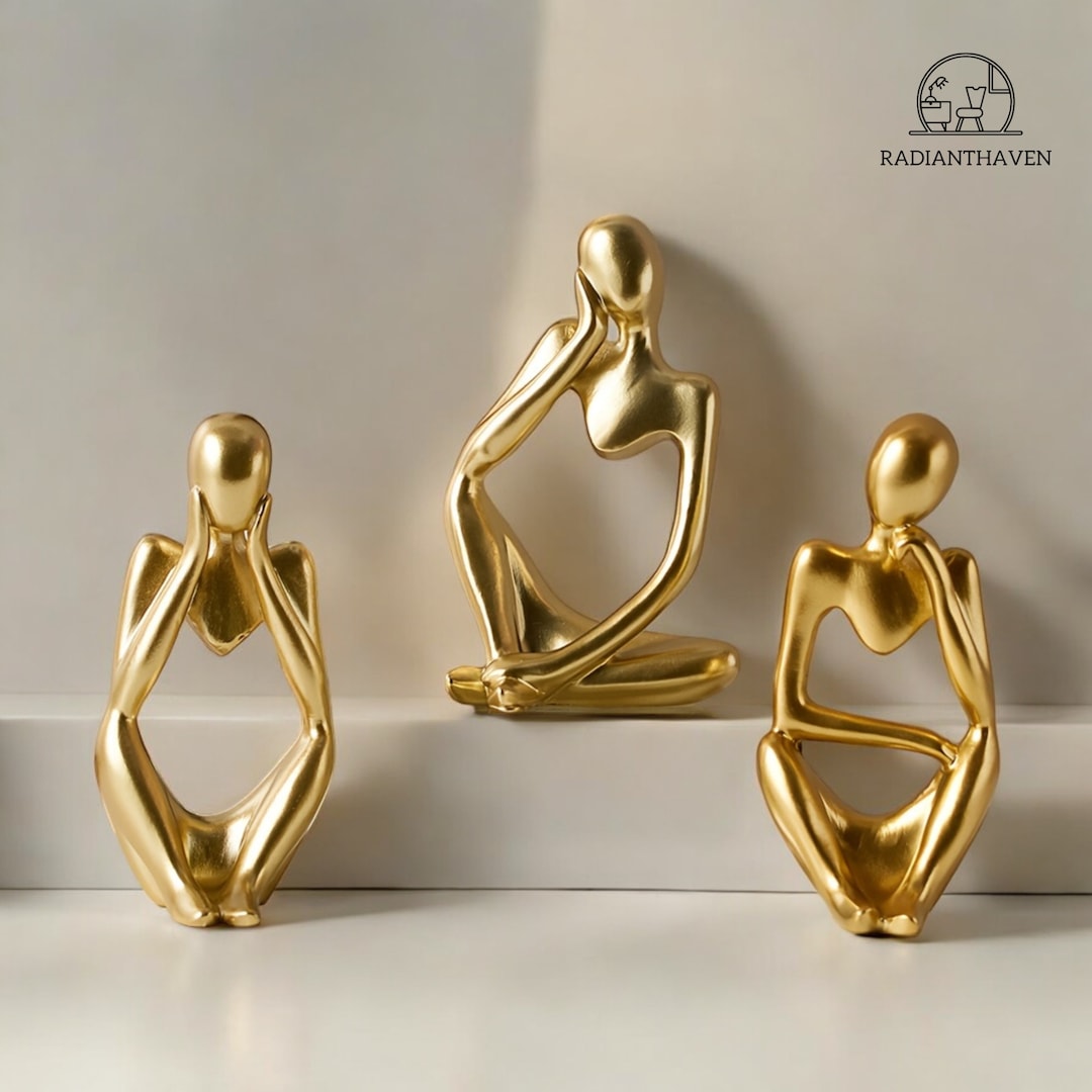 Abstract Thinker Statue Golden Set of 3 - Modern Minimalist Resin ...