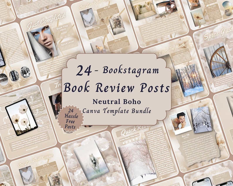 Neutral Boho Book Review Bookstagram Template Bundle, Cozy Romance ...