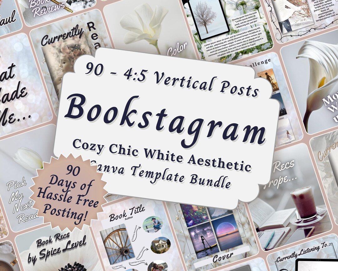 White Cozy Chic Bookstagram Template 4x5 Bundle, Bookish Editable ...
