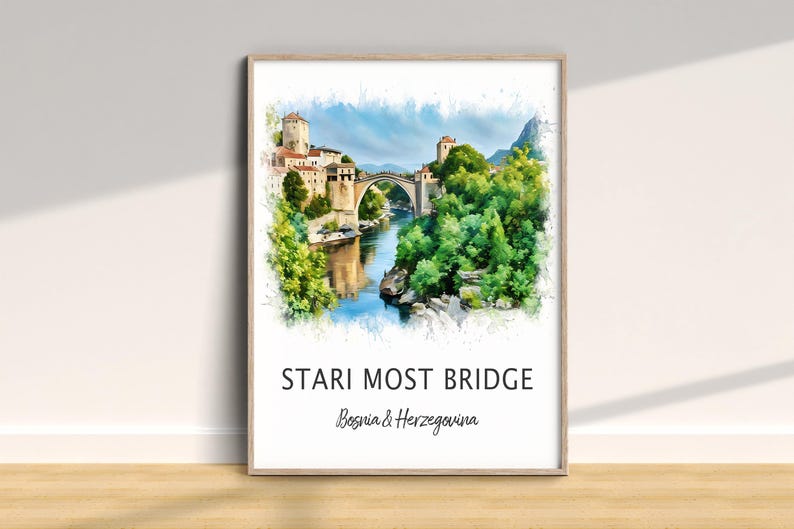 Stari Most Bridge Travel Poster, Bosnia and Herzegovina Traditional ...
