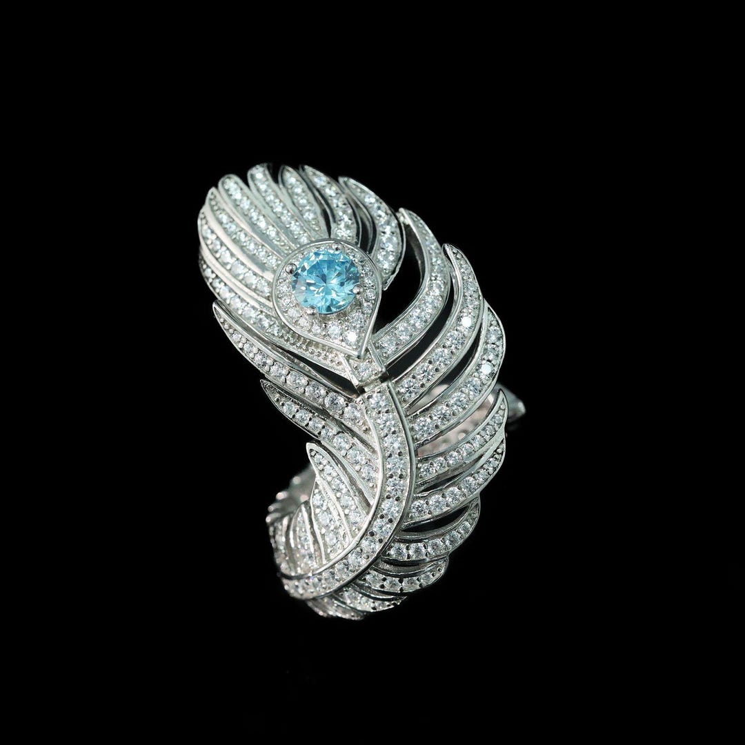 Majestic Feather Lab-grown Diamond Ring With Aquamarine, Gift for Her ...