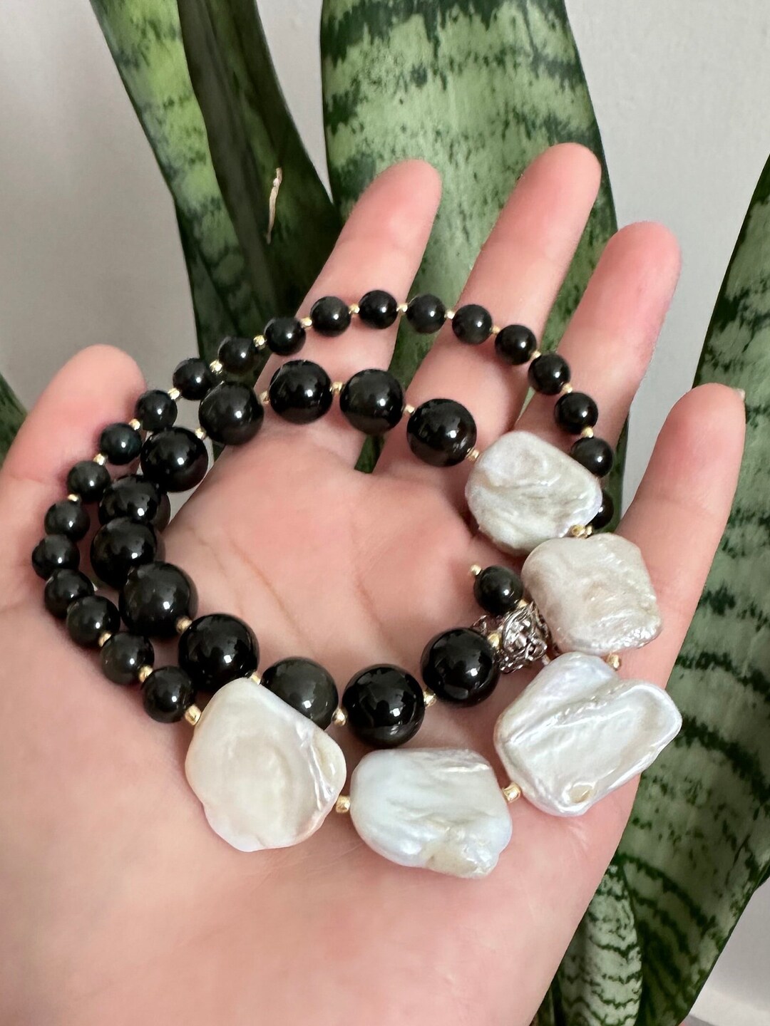 Unique Asymmetrical Baroque Square Pearl and Black Obsidian Jewelry Set ...