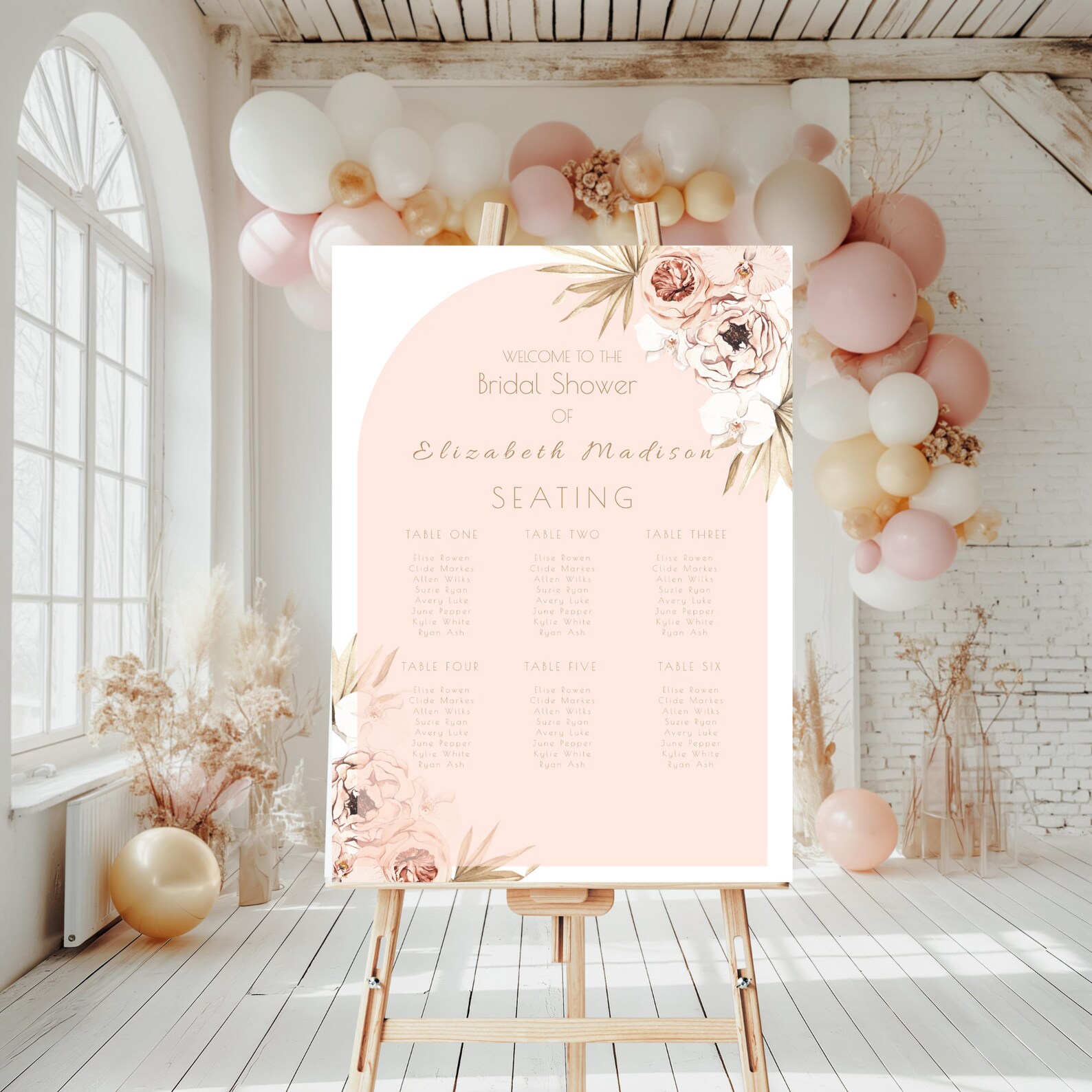 Boho Floral Arch Bridal Shower Seating Chart Template, Bridal Shower ...