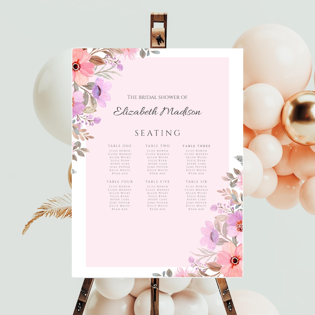 Violet Floral Bridal Shower Seating Chart Template (instant Download ...