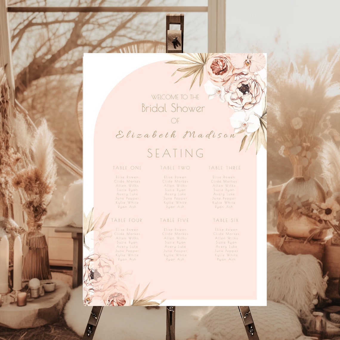 Boho Floral Arch Bridal Shower Seating Chart Template, Bridal Shower ...