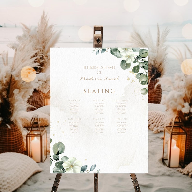 Greenery Watercolor Bridal Shower Seating Chart Template (instant ...