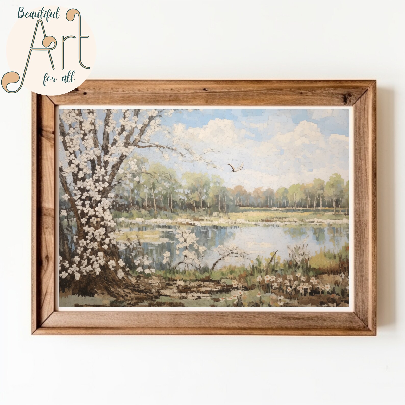 Printable Pointillism Spring Landscape Antique Lake Painting Rustic ...