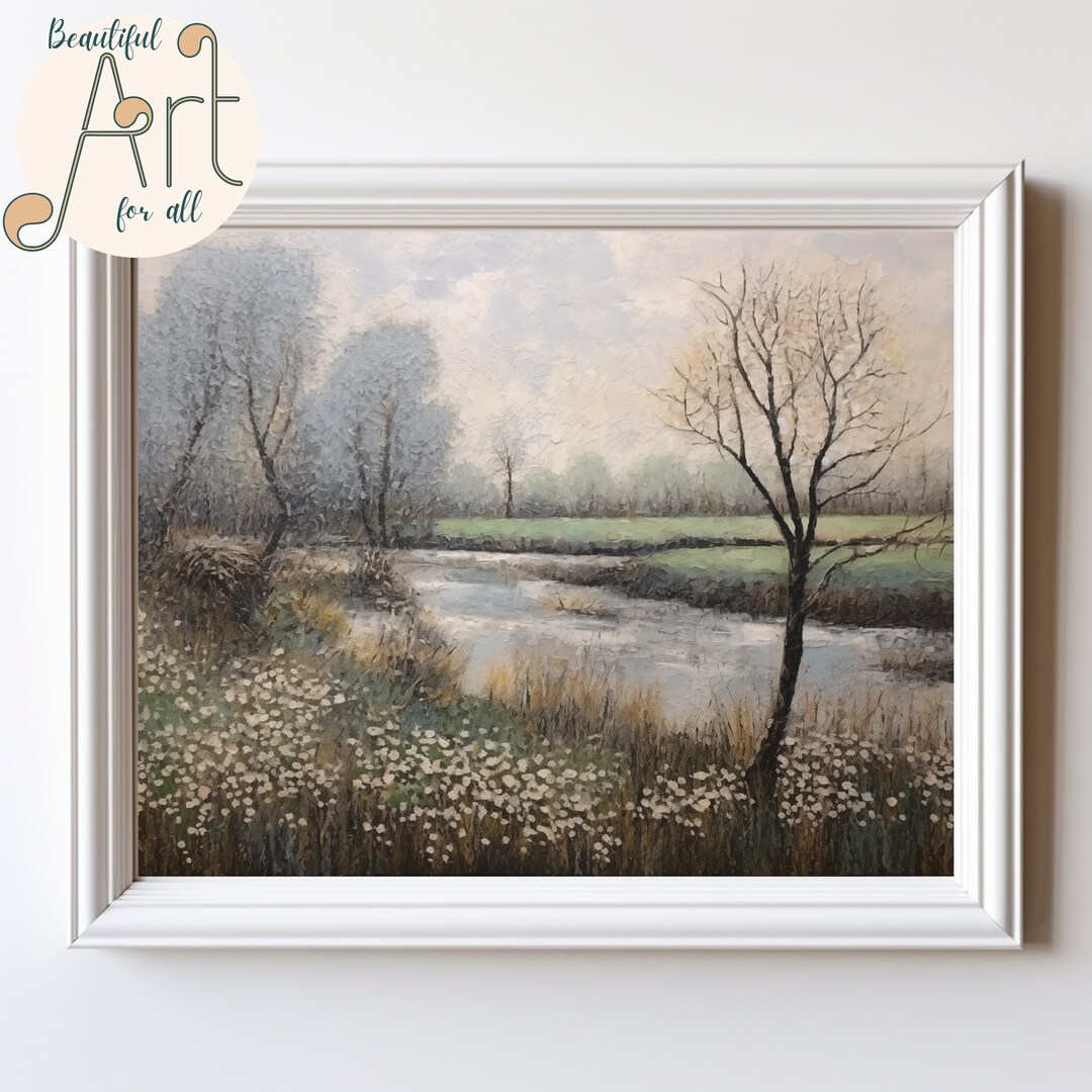 Printable Antique Spring Landscape Vintage Spring River Painting Rustic ...