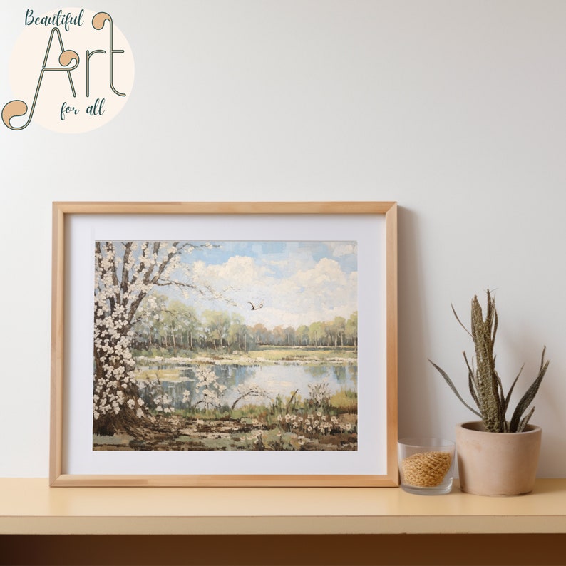 Printable Pointillism Spring Landscape Antique Lake Painting Rustic ...