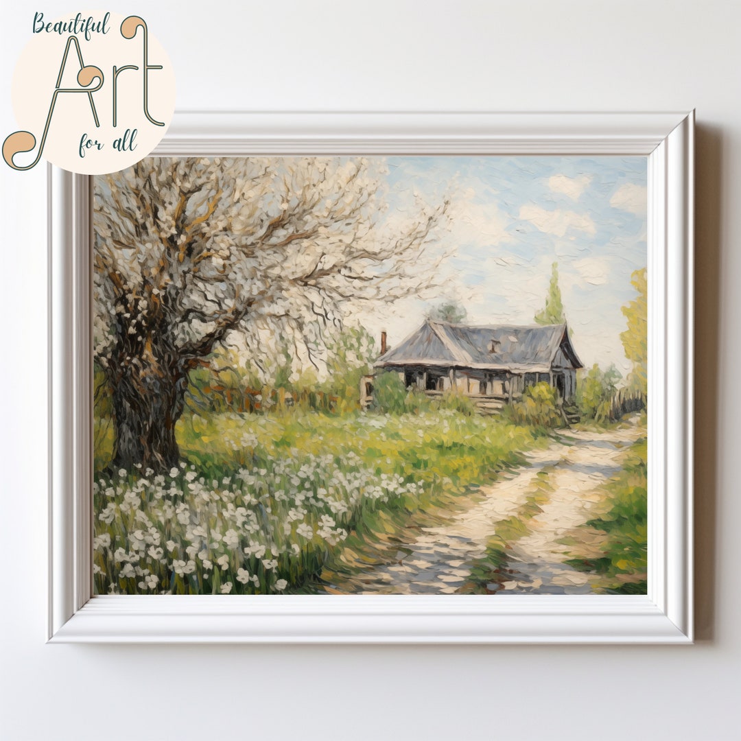 Printable Antique Spring Landscape Vintage Spring Painting Rustic House ...