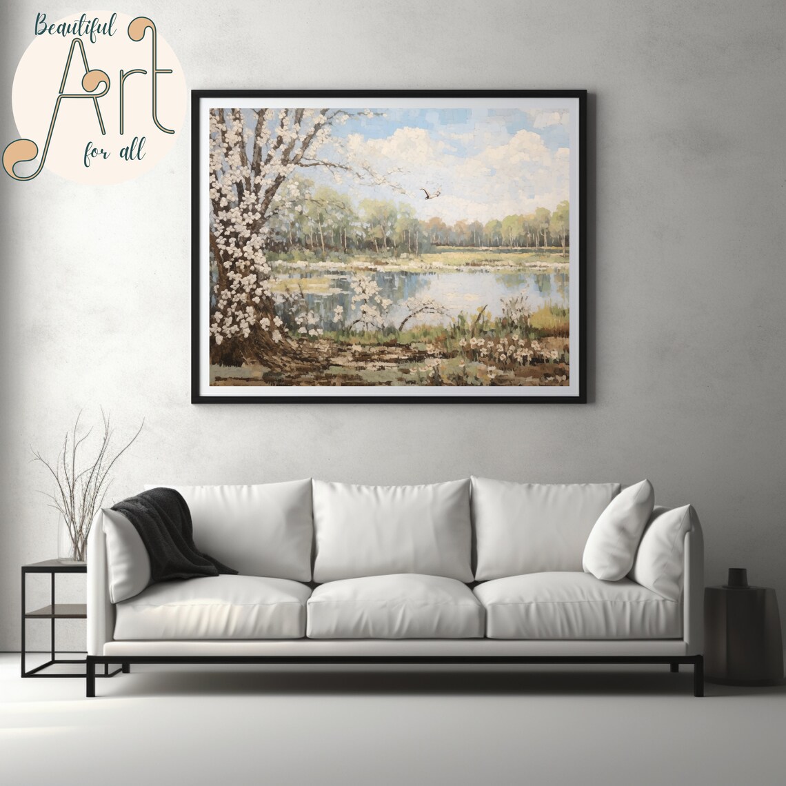 Printable Pointillism Spring Landscape Antique Lake Painting Rustic ...