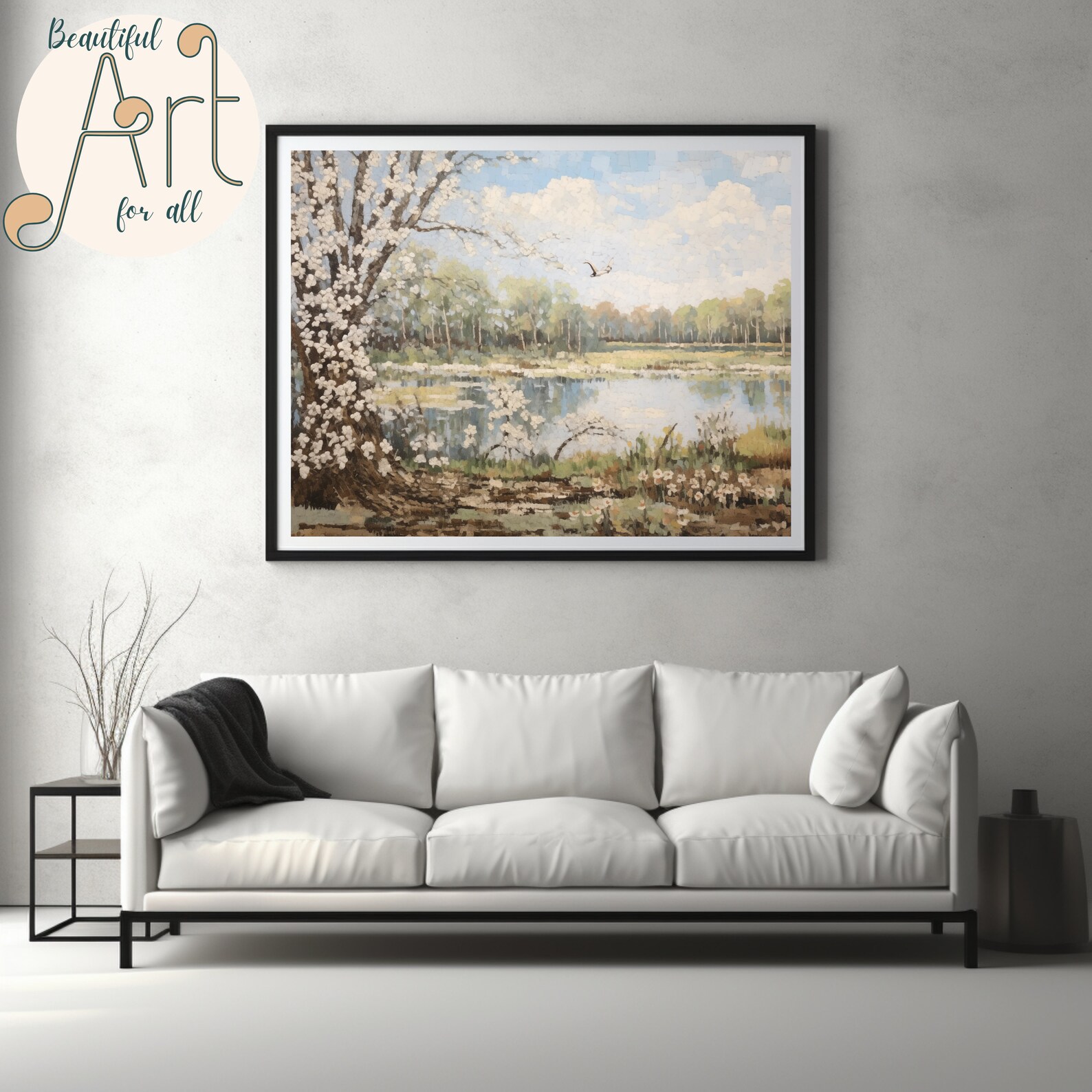 Printable Pointillism Spring Landscape Antique Lake Painting Rustic ...