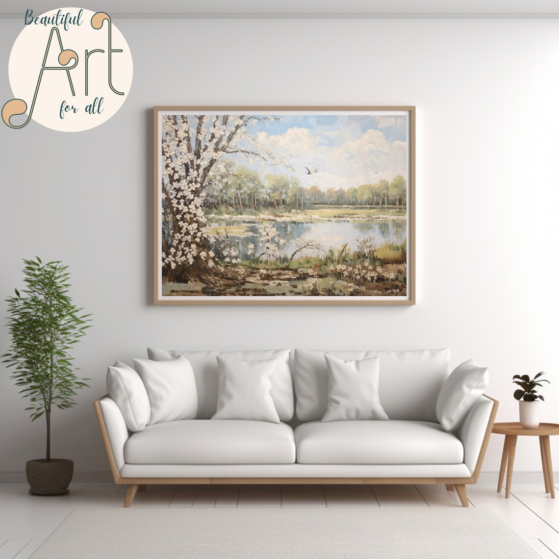 Printable Pointillism Spring Landscape Antique Lake Painting Rustic ...